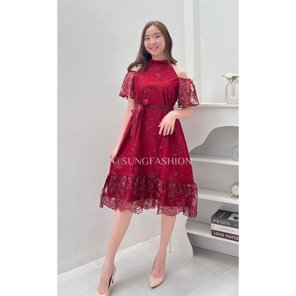Jual dress natal pesta kondangan brokat premium korean look A-line S145 | Shopee Indonesia