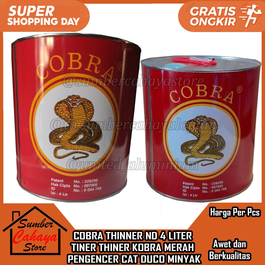 Jual THINNER COBRA MERAH 4L TINER TENER THINER TINNER PENGENCER CAT CATT CET DUCO DUKO MINYAK ...