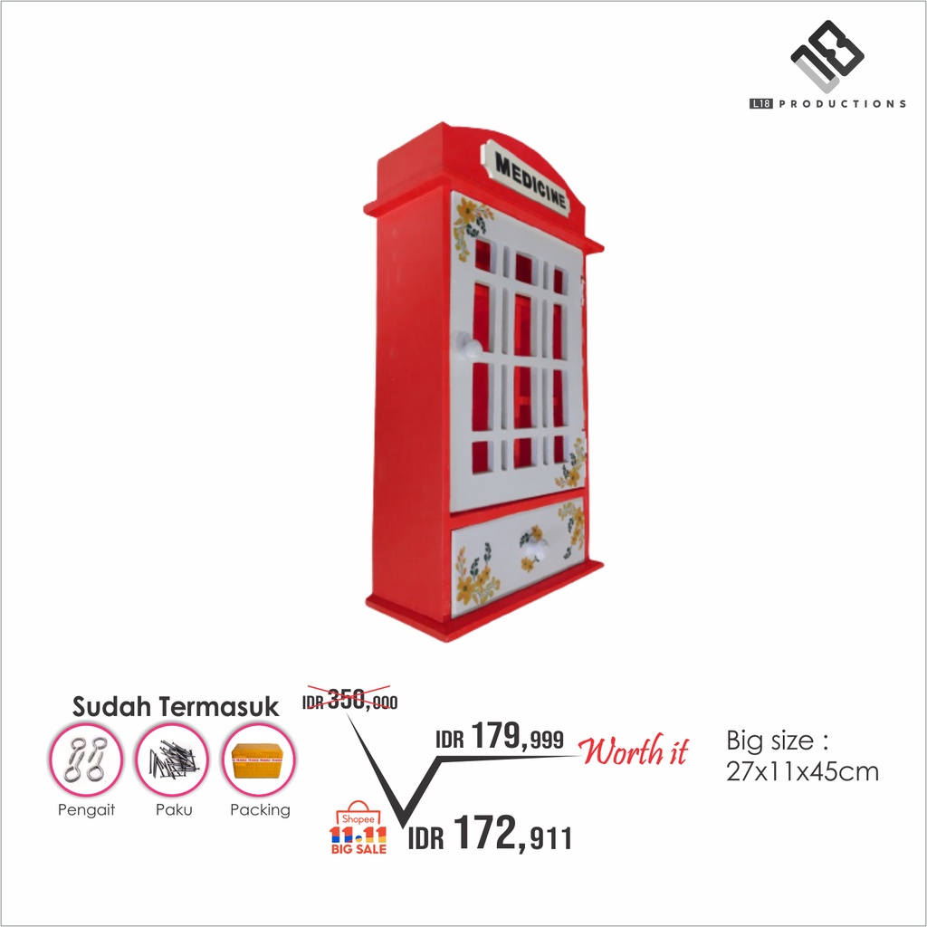 Jual Kotak Obat P3k Rak Penyimpanan Gantung Dinding Kayu Laci Merah ...