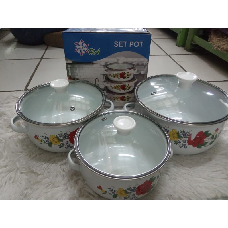 Jual Panci Set Enamel 3Susun/Tutup Kaca /Panci 5 set motif bunga 16-24 ...