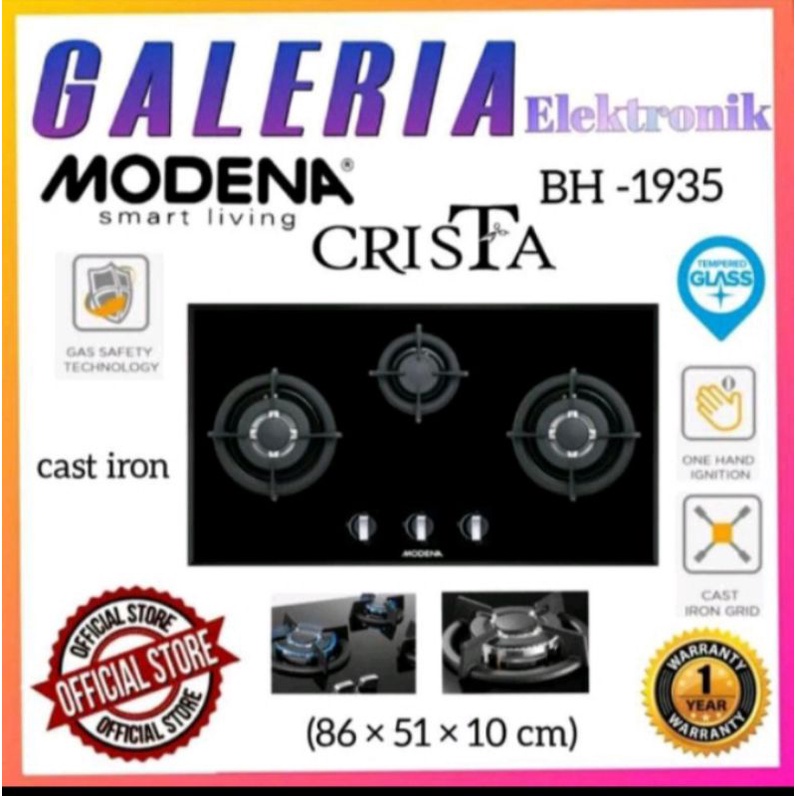 Jual MODENA KOMPOR TANAM BH 1935 3 TUNGKU 90cm BH1935 GAS HOB CRISTA ...