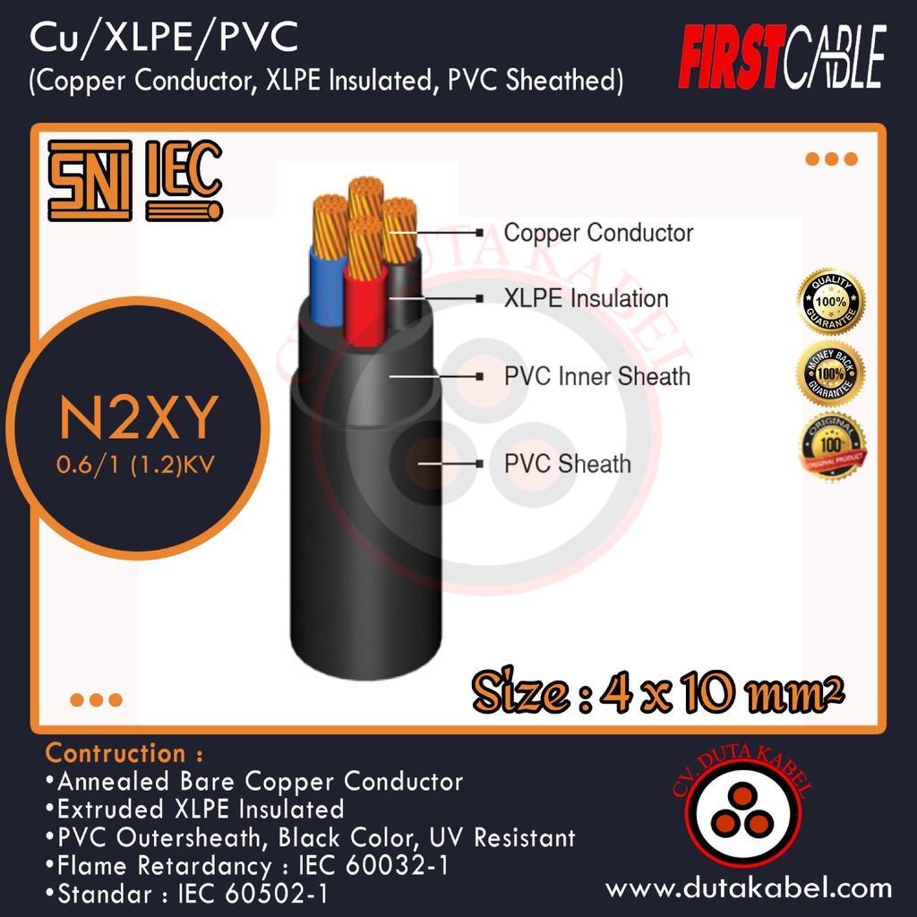 Jual Kabel N2XY 4x10 mm2 (Cu/XLPE/PVC) FIRST CABLE /4x10 mm/4 x 10 mm2 ...