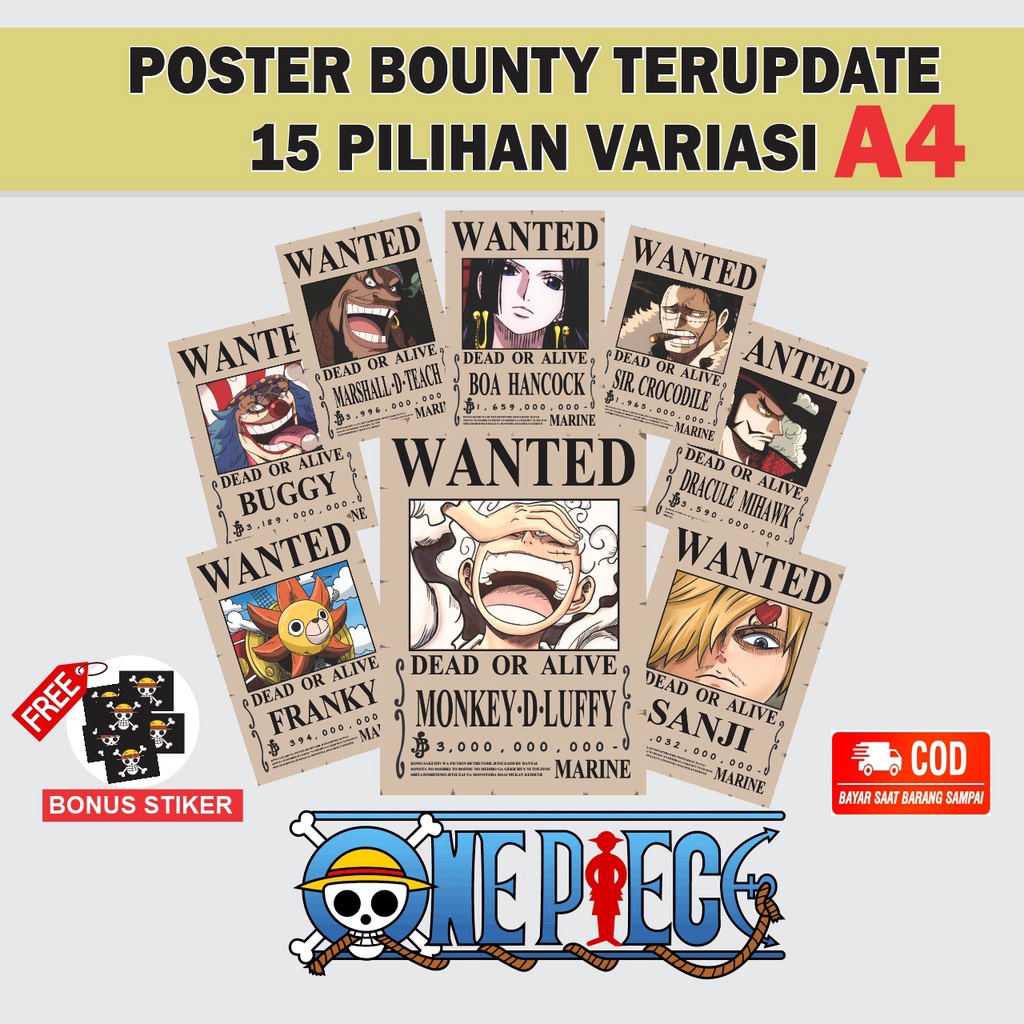 Jual Poster Bounty Onepiece Poster Buronan 15 pilihan ukuran A4 ...