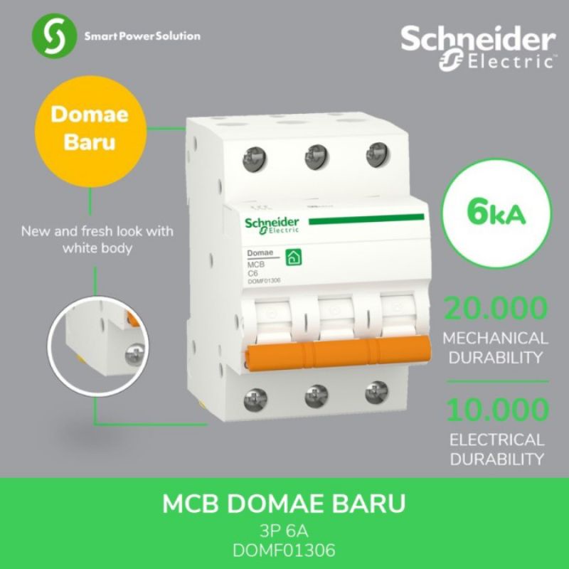 Jual DOMAE MCB 6A 10A 16A 20A AMPERE 3P 3 POLE PHASE SCHNEIDER 6000A | Shopee Indonesia