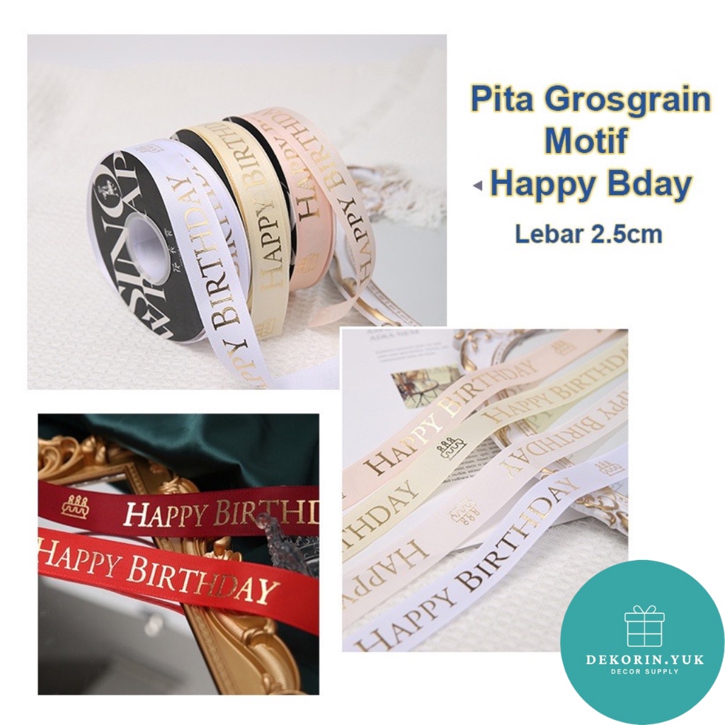 Jual PITA GROSGRAIN MOTIF HAPPY BIRTHDAY TULISAN GOLD PITA KADO PITA ...