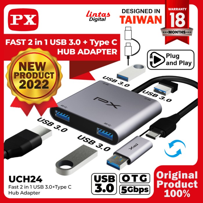 Jual USB Hub Type C USB 3.0 Dual Connector USB Laptop 4 in 1 PX UCH24 | Shopee Indonesia