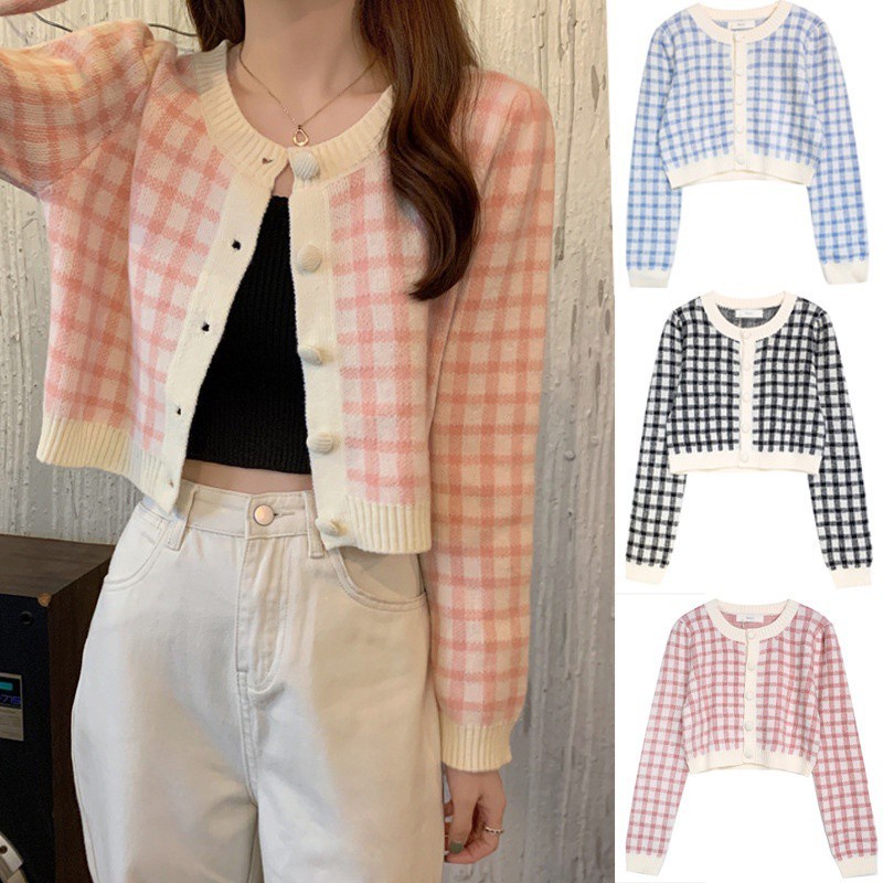 Jual Maiya Crop Cardi / Cardigan Wanita / Kardigan Rajut / Cardie Knitt / Outer Motif Kotak ...