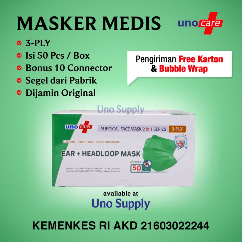 Jual Masker Surgical Medis 3 ply Unocare Hijau / Masker UnoCare ...
