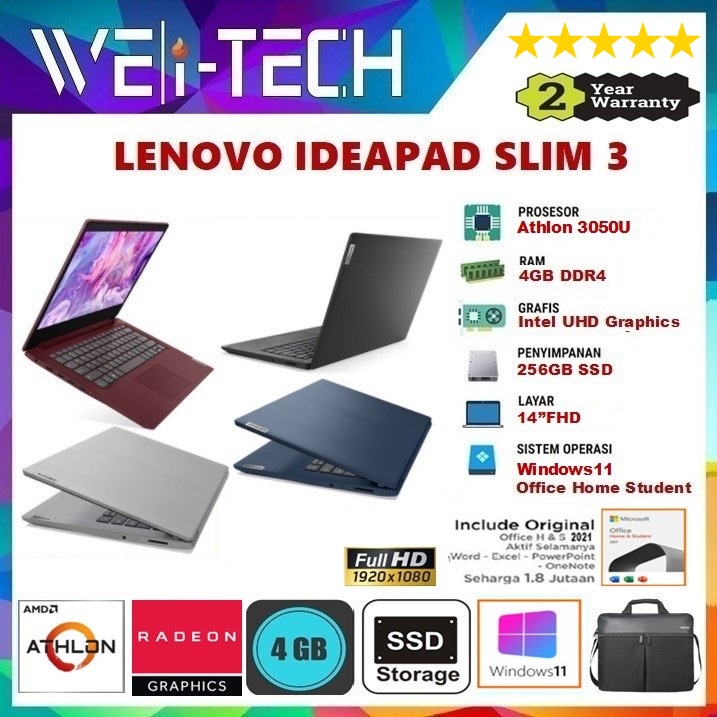 Jual LENOVO IDEAPAD SLIM 3 - AMD ATHLON 3050U 4GB 256GB SSD 14"FHD WIN11 OHS | Shopee Indonesia