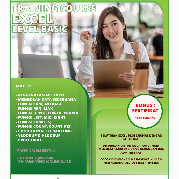 Jual Materi Kelas Pelatihan Training Course Bootcamp Microsoft Excel Level Basic Dasar
