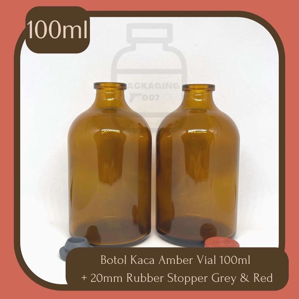 Jual Botol kaca Amber Vial 100ml + 20mm Grey / Red Rubber Stopper/botol ...