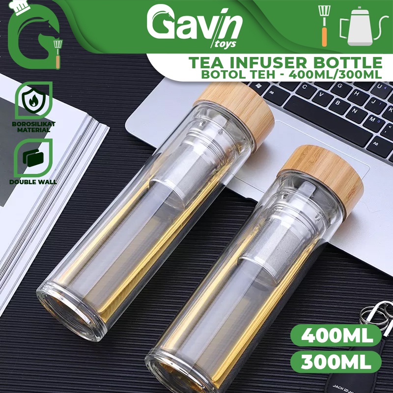 Jual Tea Bottle Infuser 300ml Botol Teh Saringan Double Wall Glass Wood ...