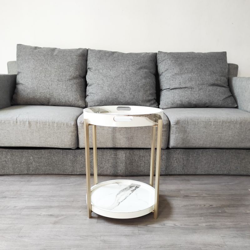 Jual meja multifungsi dengan NAMPAN BUNDAR hpl motif White Marble ...