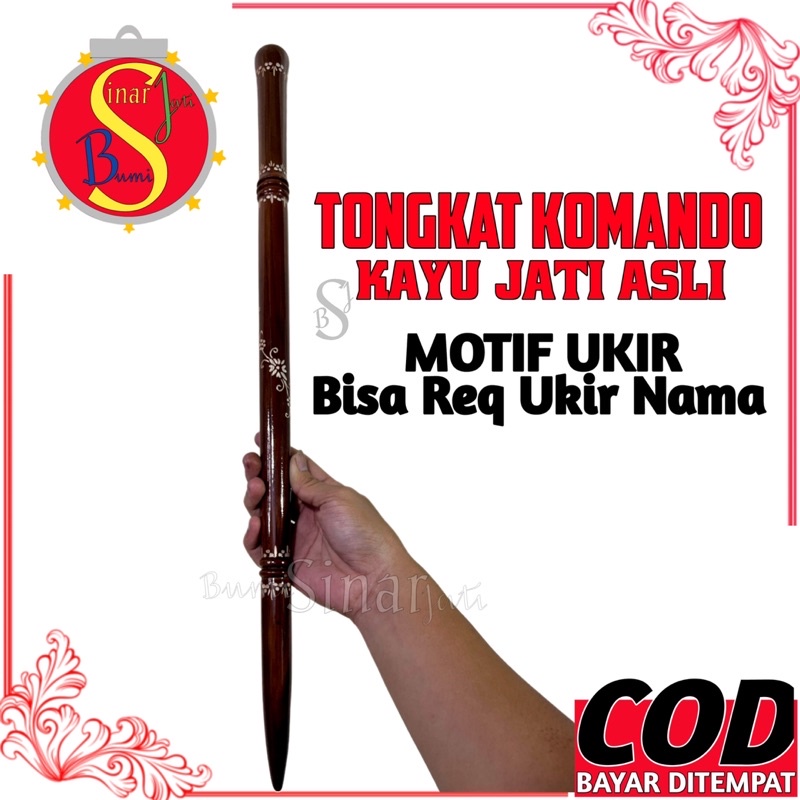 Jual (FREE UKIR NAMA) Tongkat Komando MOTIF UKIR dari Kayu Jati Panjang 60cm | Shopee Indonesia
