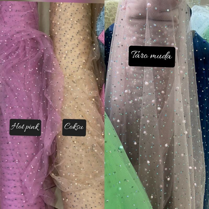 Jual PROMO. Kain Tile Soft Tulle Mutiara Diamond Swaroski Swarovski ...