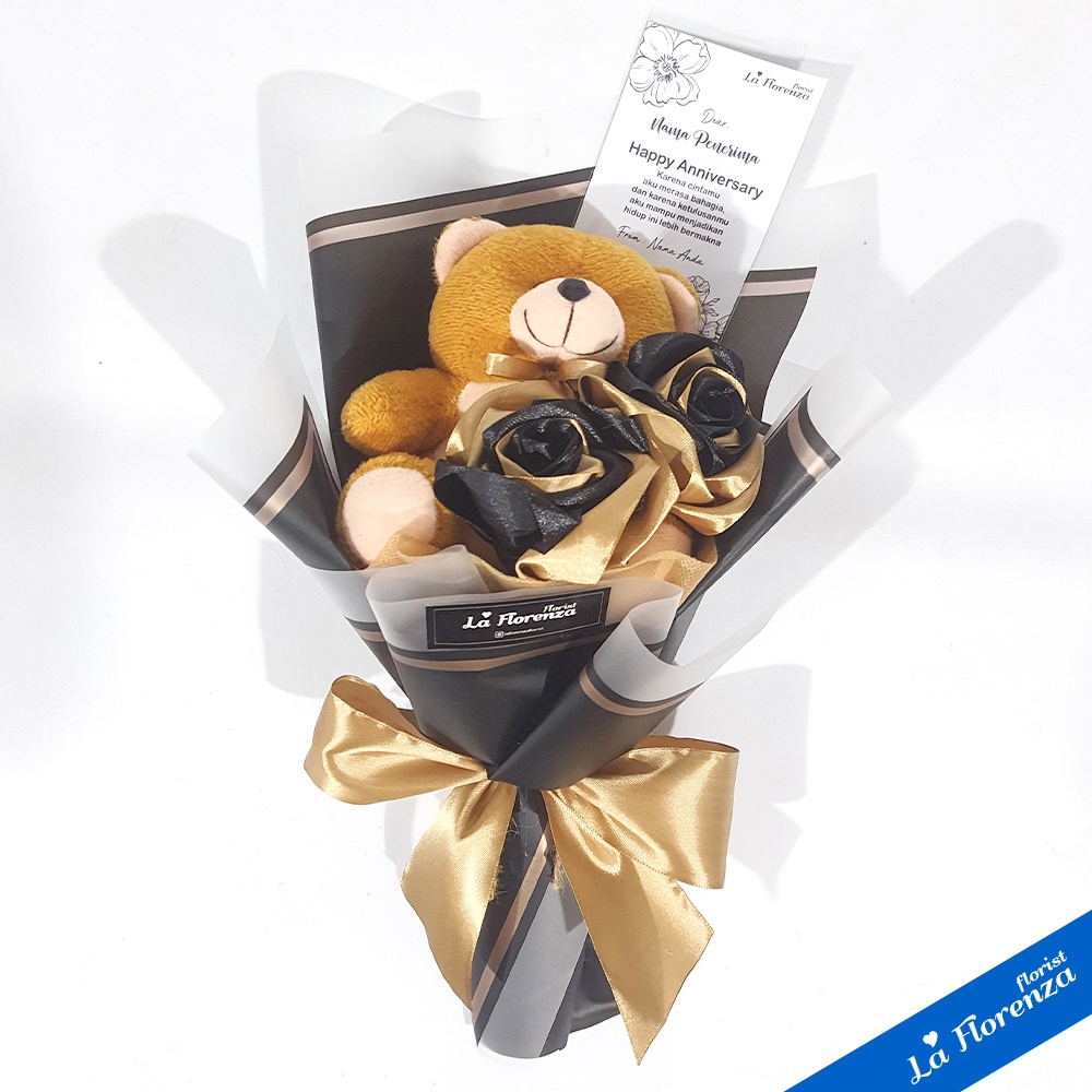 Jual Buket Boneka wisuda / Boneka pita + Satin rose BLACK GOLD ...
