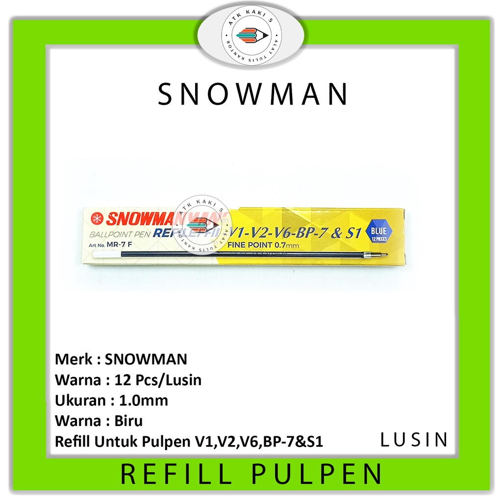 Jual SNOWMAN - Refill Pulpen Ballpoint V1,V2,V6,BP-7 & S1 Biru - Lusin ...