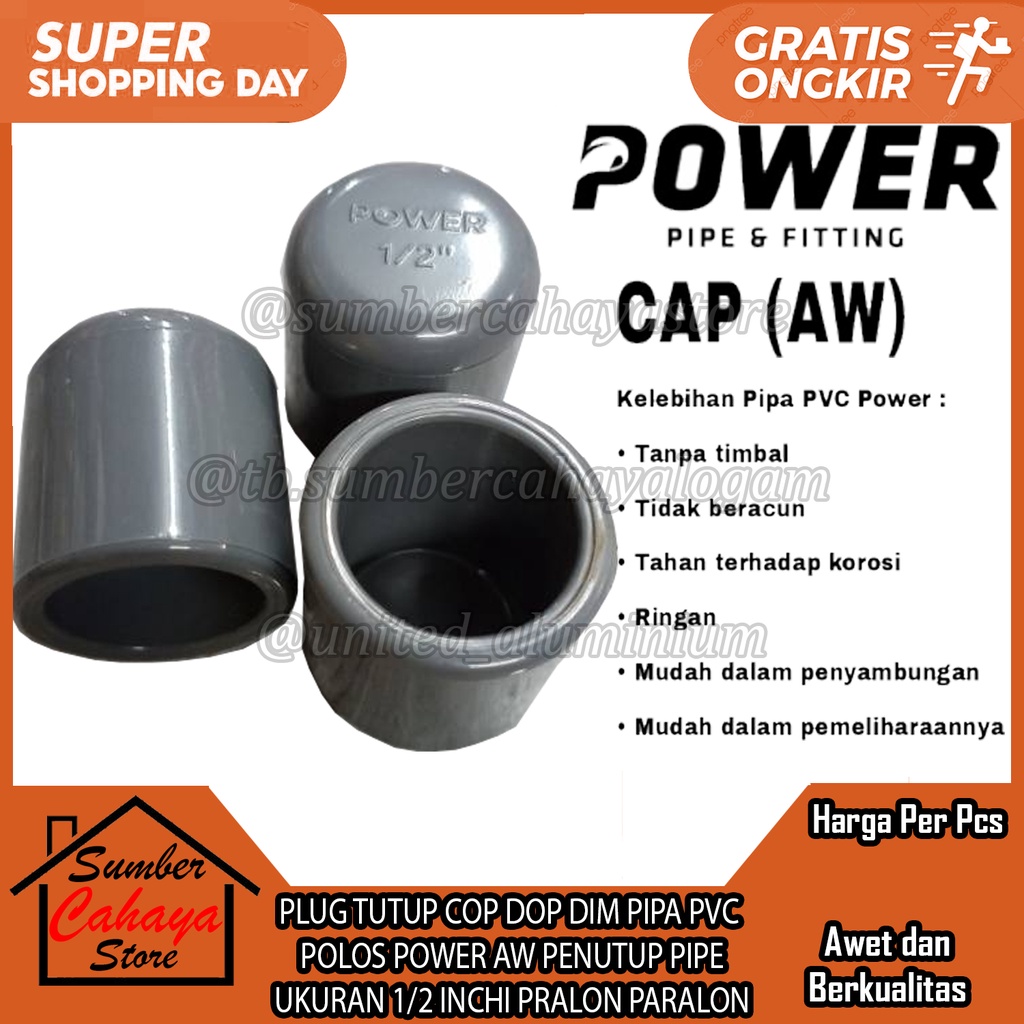 Jual TUTUP PIPA PLUG DOP CAP UKURAN 1/2" INCH POWER AW PVC DOB COP CAP ...