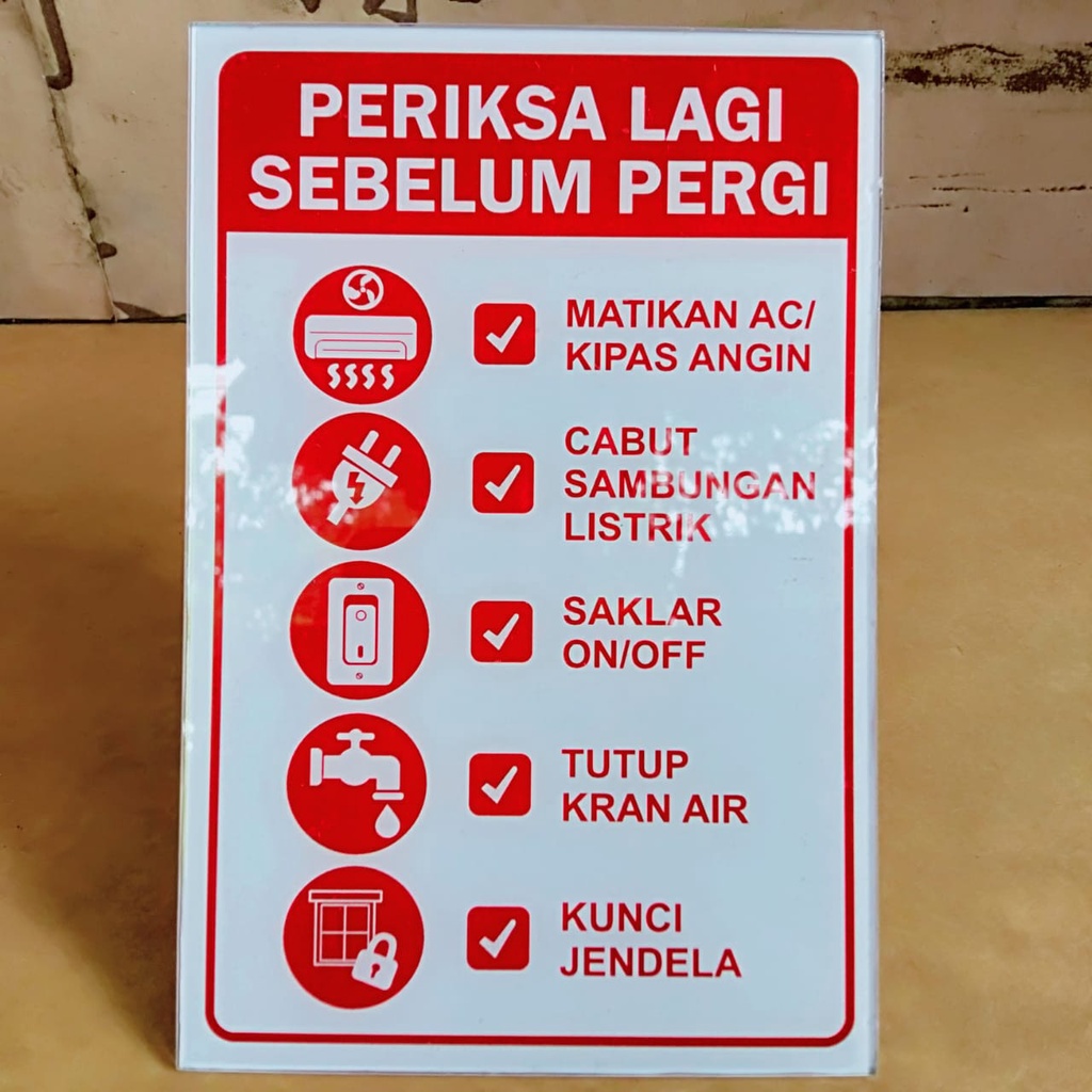 Jual Sign Akrilik Stiker PERIKSA LAGI SEBELUM PERGI, AC,LISTRIK,AIR ...