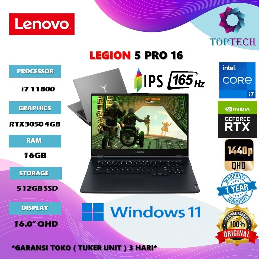 Jual Laptop Gaming Lenovo Legion 5 PRO 16 i7 - 11800 RTX3050 4GB RAM 32GB SSD 1TB W10 16.0QHD ...