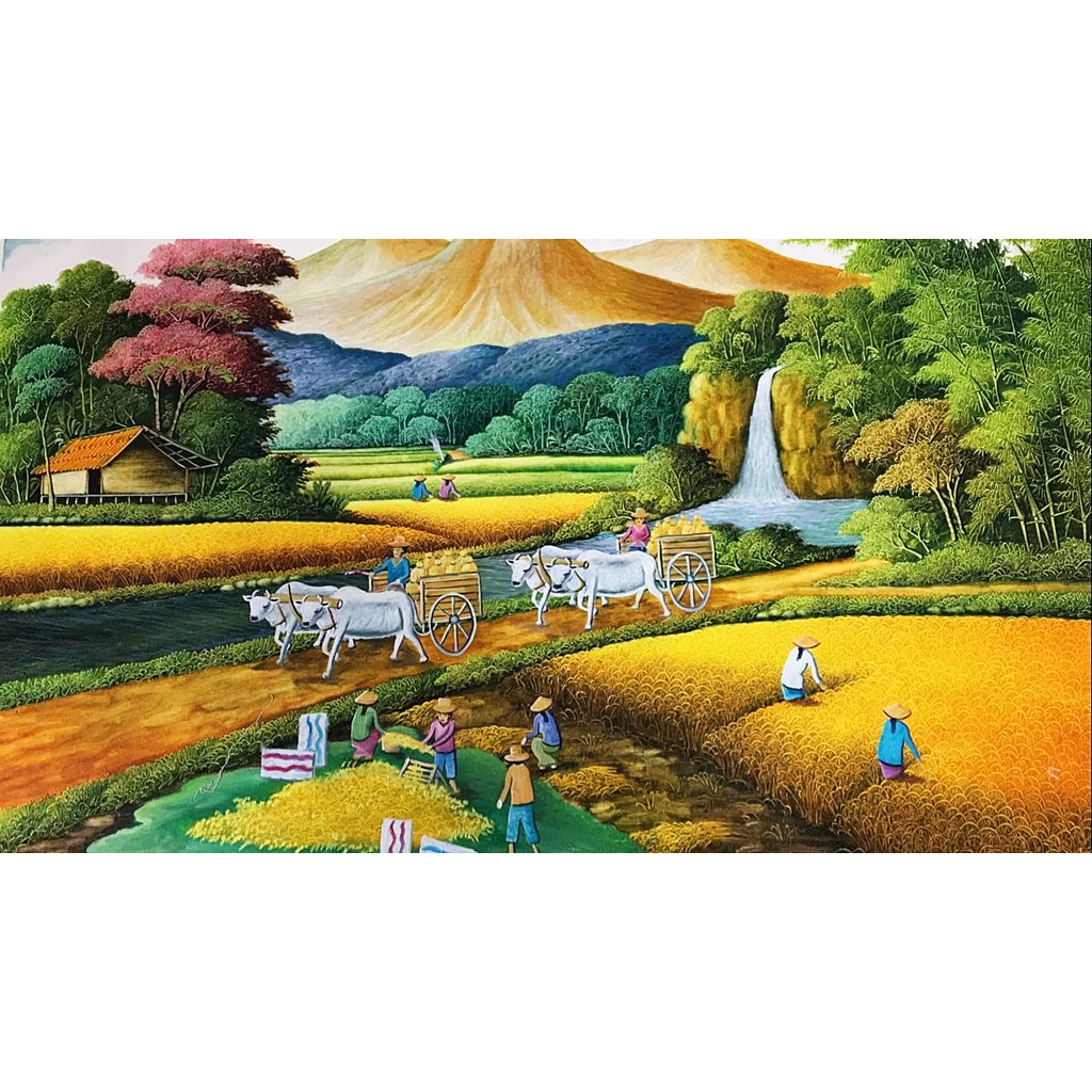 Jual Lukisan Pemandangan Dan Panen Padi Dengan 2 Gerobak Sapi (Ukuran ...
