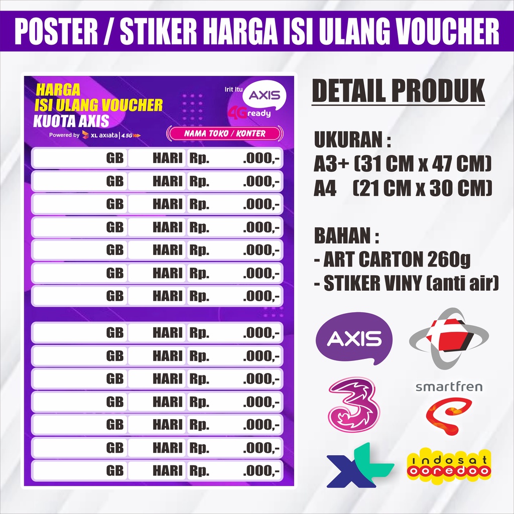 Jual Poster stiker konter daftar harga isi ulang voucher axis telkomsel ...