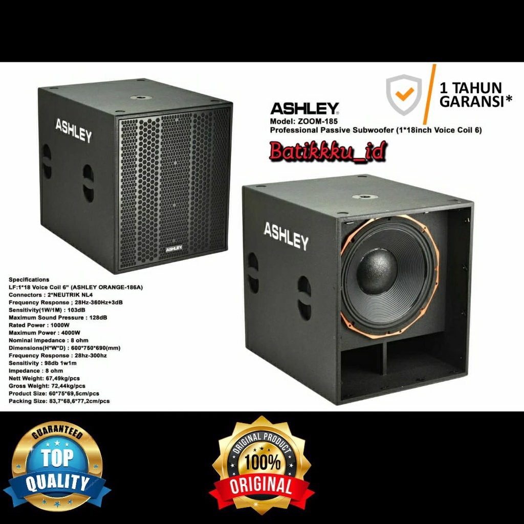 Jual Speaker Subwoofer Pasif ASHLEY ZOOM 185 ZOOM185 ORIGINAL 18 INCH ...