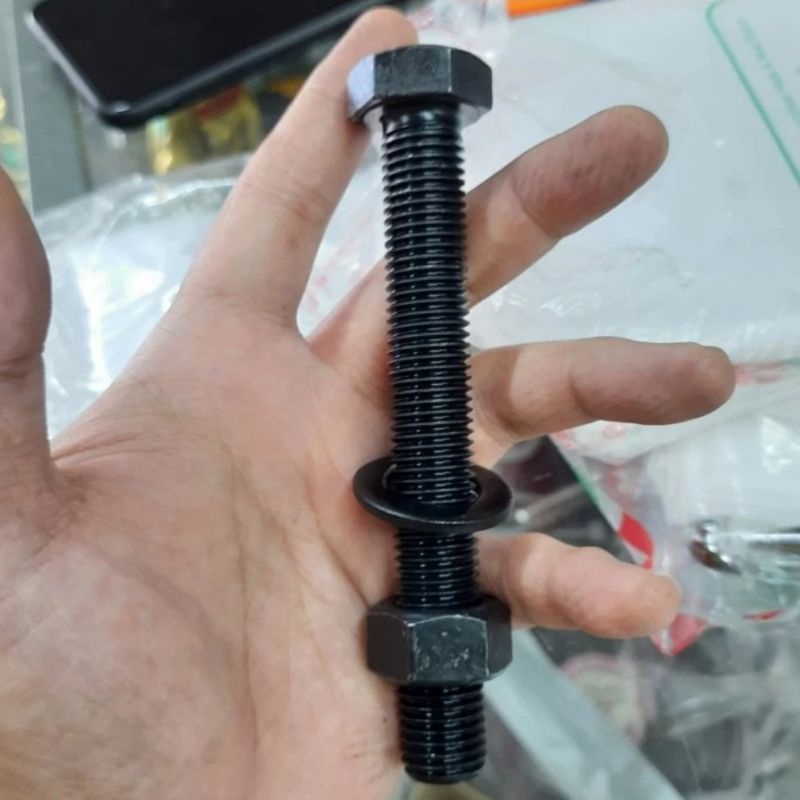 Jual baut mur baja m16 x 150 full drat kunci 24 spek baja hitam 8.8 hex bolt nut HTB 8.8 bukan ...