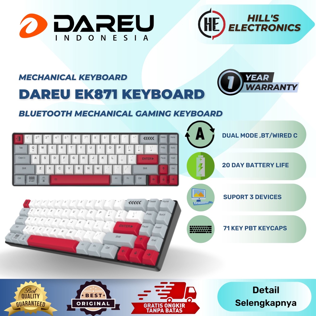 Jual Dareu EK871 / EK-871 wired, bluetooth mechanical gaming keyboard ...