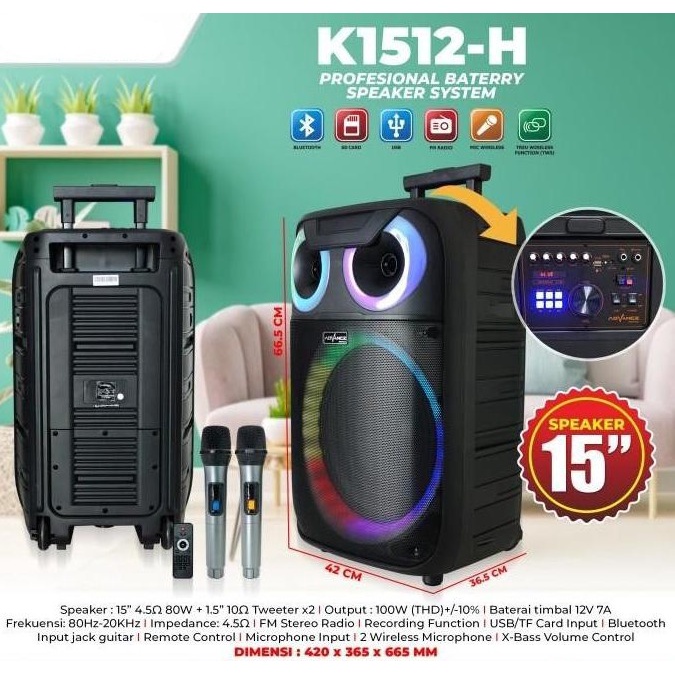 Jual Speaker Portable Advance K1512H Bluetooth 15 Inch FREE 2 Mic Wireless | Shopee Indonesia