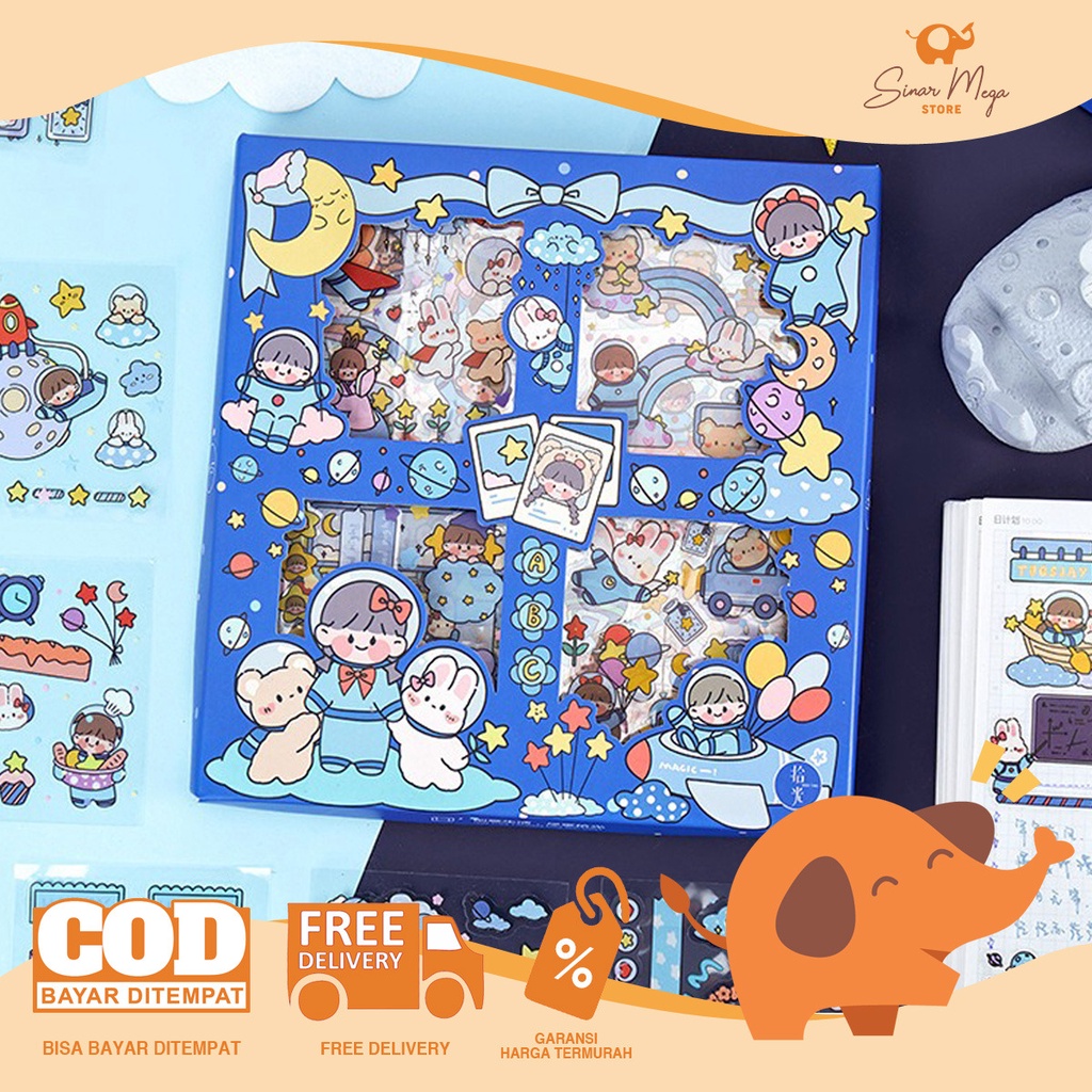 Jual 100 Lembar Stiker Set Motif Kartun Korea Cute Space Travel Deco ...