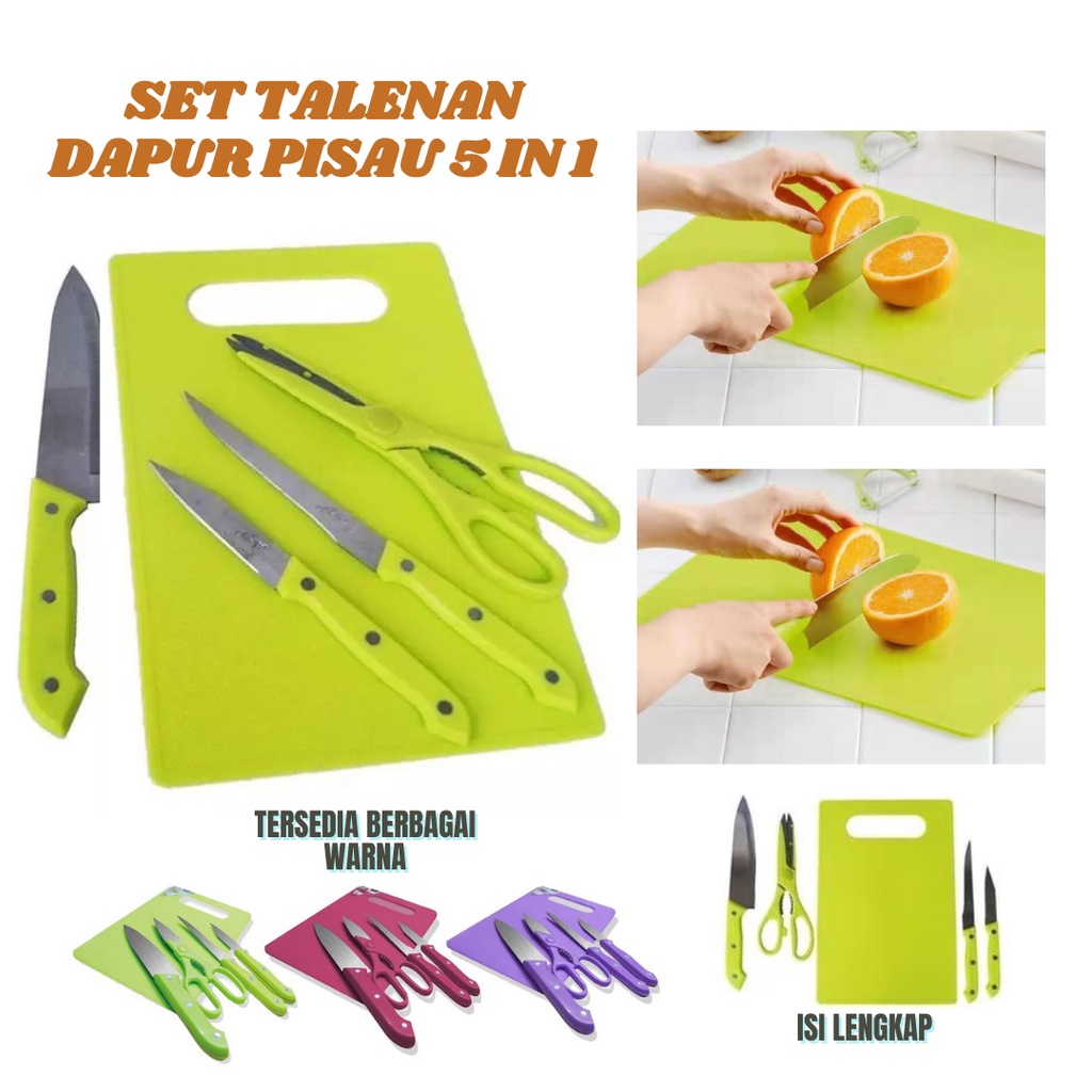 Jual Set Pisau Dapur Talenan 5 IN 1 Pisau Set 5 Pcs Gunting Stainless ...