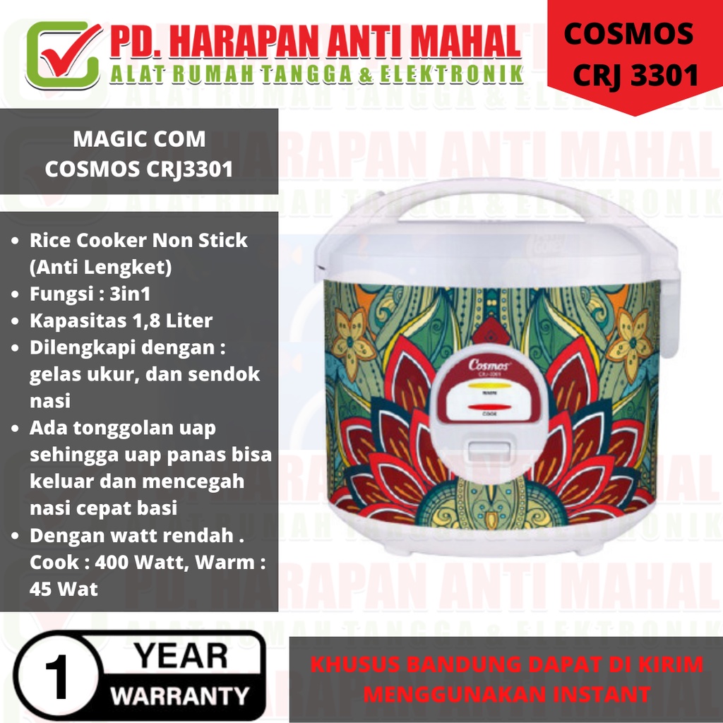 Jual MAGIC COM COSMOS CRJ 3301 KAPASITAS 1,8 LITER/ Rice Cooker 1.8 ...