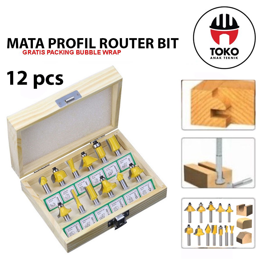 Jual Mata Profil Router Bit Set Trimmer 12pcs 1/4 - Kemasan Box Kayu ...