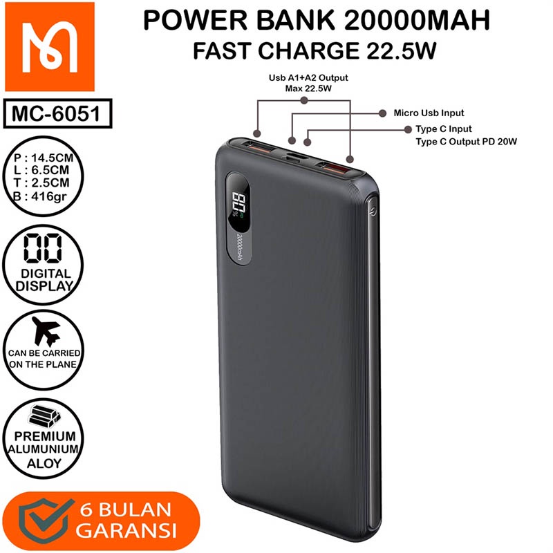 Jual Mcdodo MC 6051 Dual USB n Type-C Powerbank 20000mAh 22.5w - Fast Quick Charge Charging PD ...