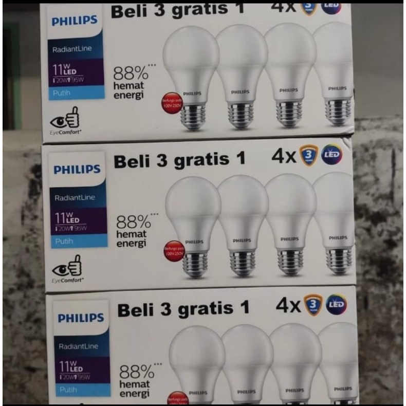 Jual Lampu philips radiantline multipack LEDbulb 11W 6500k 3 gratis 1 ...