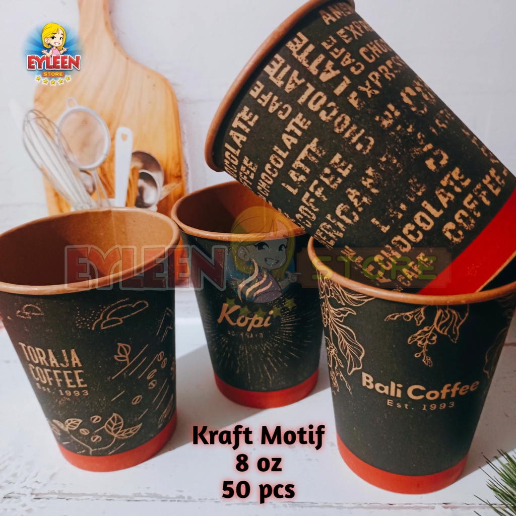 Jual Paper Hot Cup 8oz Brown Kraft Motif Isi 50 pcs Gelas Kertas | Shopee Indonesia