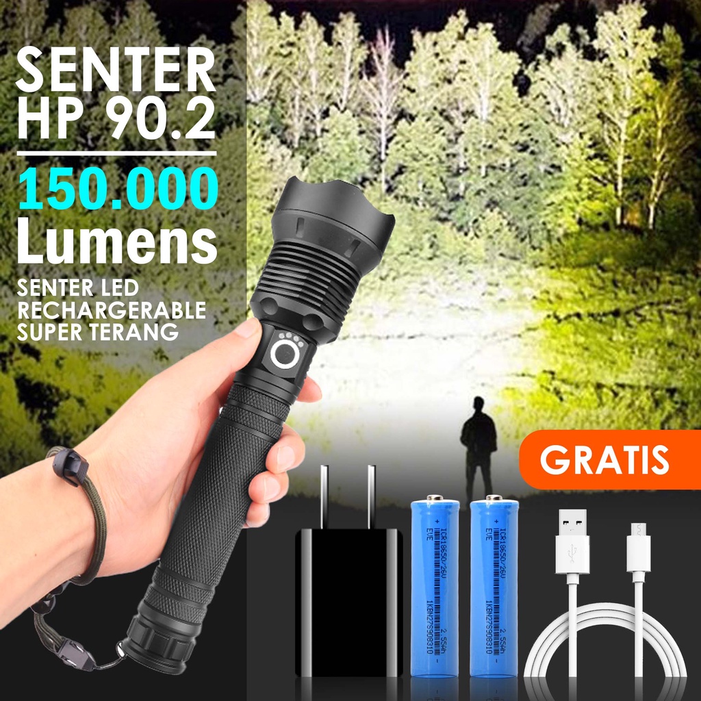 Jual Senter LED USB Recharge XHP90.2 2x18650 + EU Adaptor - Senter Cas ...