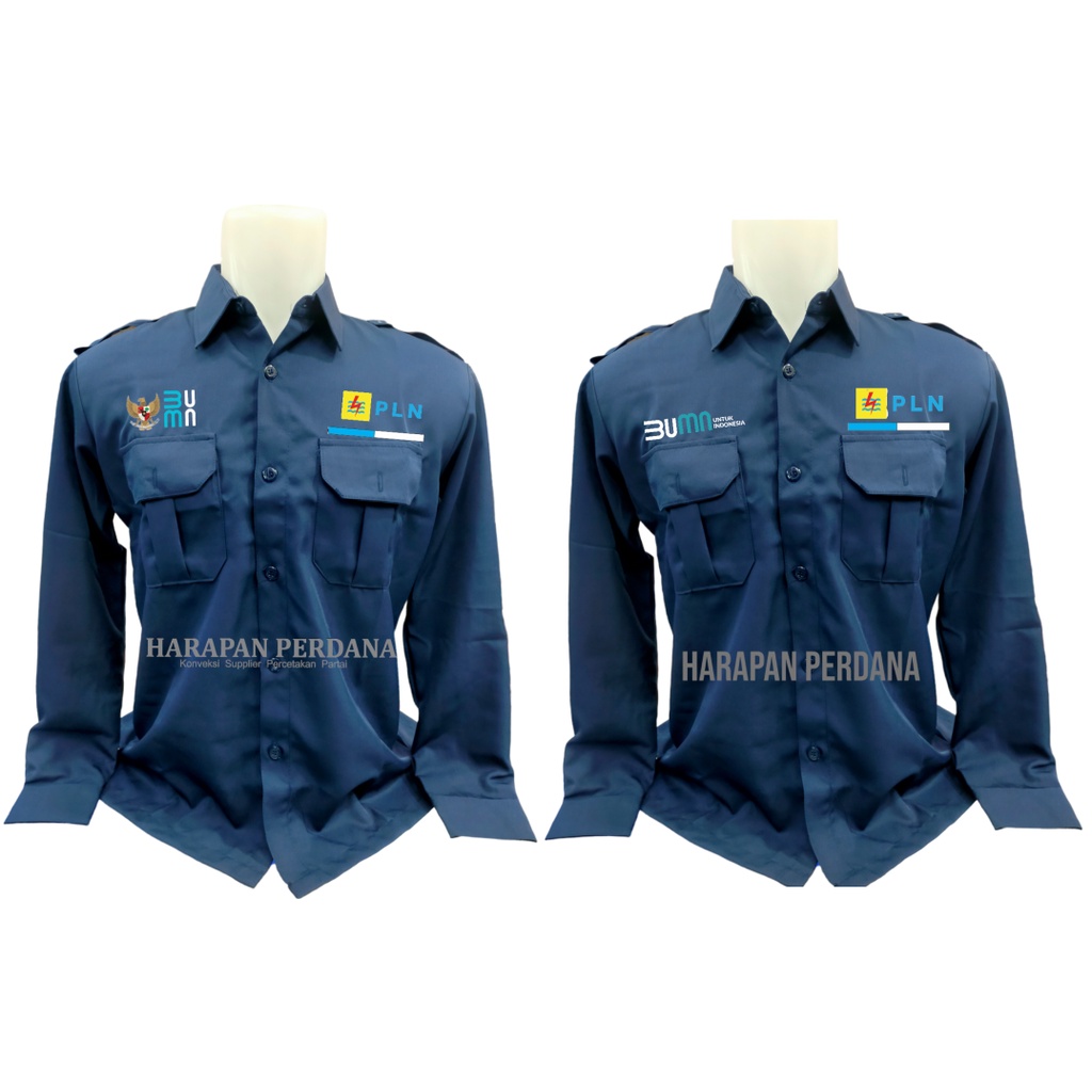 Jual Seragam Kemeja PDH Kantor PLN Lengan Panjang Biru Navy / Dongker Kantong Dua 2 Bahan Texas ...