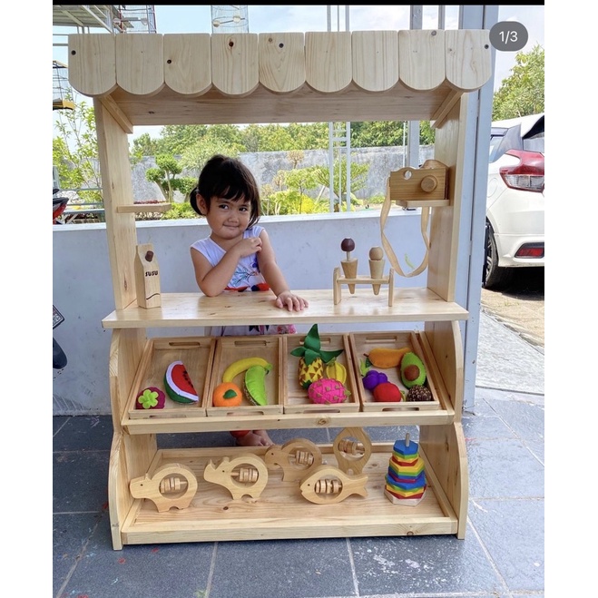 Jual rak jualan anak / wooden toys booth market kids (FREE 4 tray ...