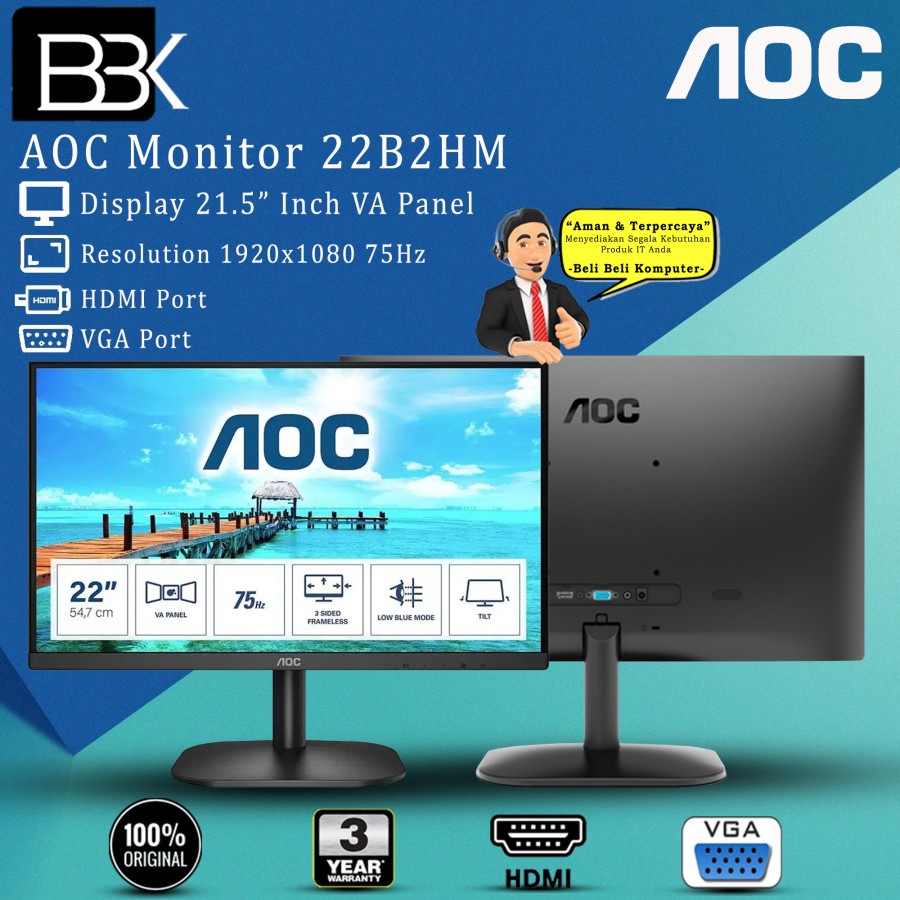 Jual Monitor AOC 22B2HM 22" FHD 75Hz sRGB 101% HDMI VGA VESA 3Yr ...