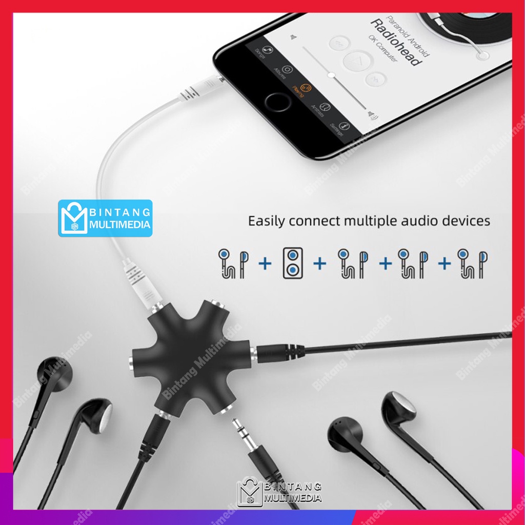 Jual AUX Hub 6 Cabang Port Audio Headset Speaker Earphone 3.5mm Male to 5 Female Sound Adapter ...
