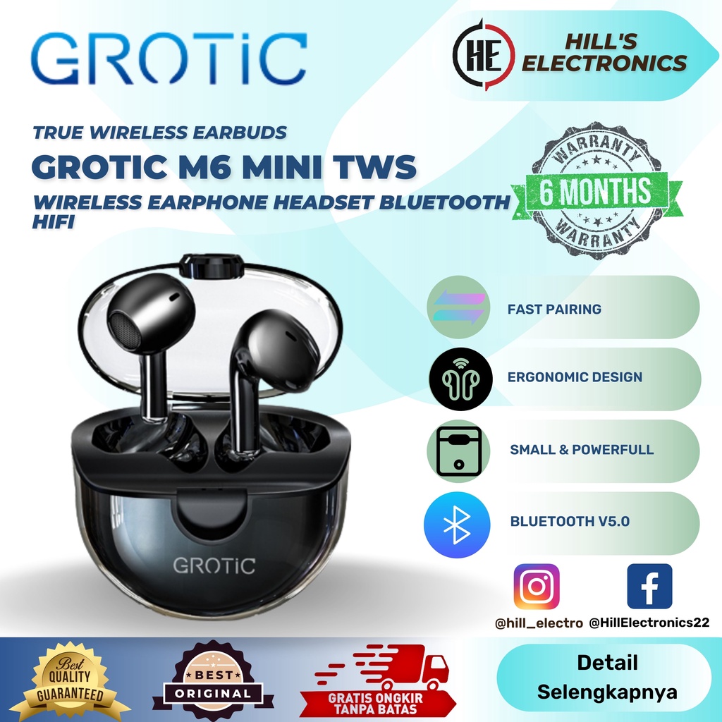 Jual GROTIC TWS Wireless Earphone Headset Bluetooth HiFi Earbuds M6 ...