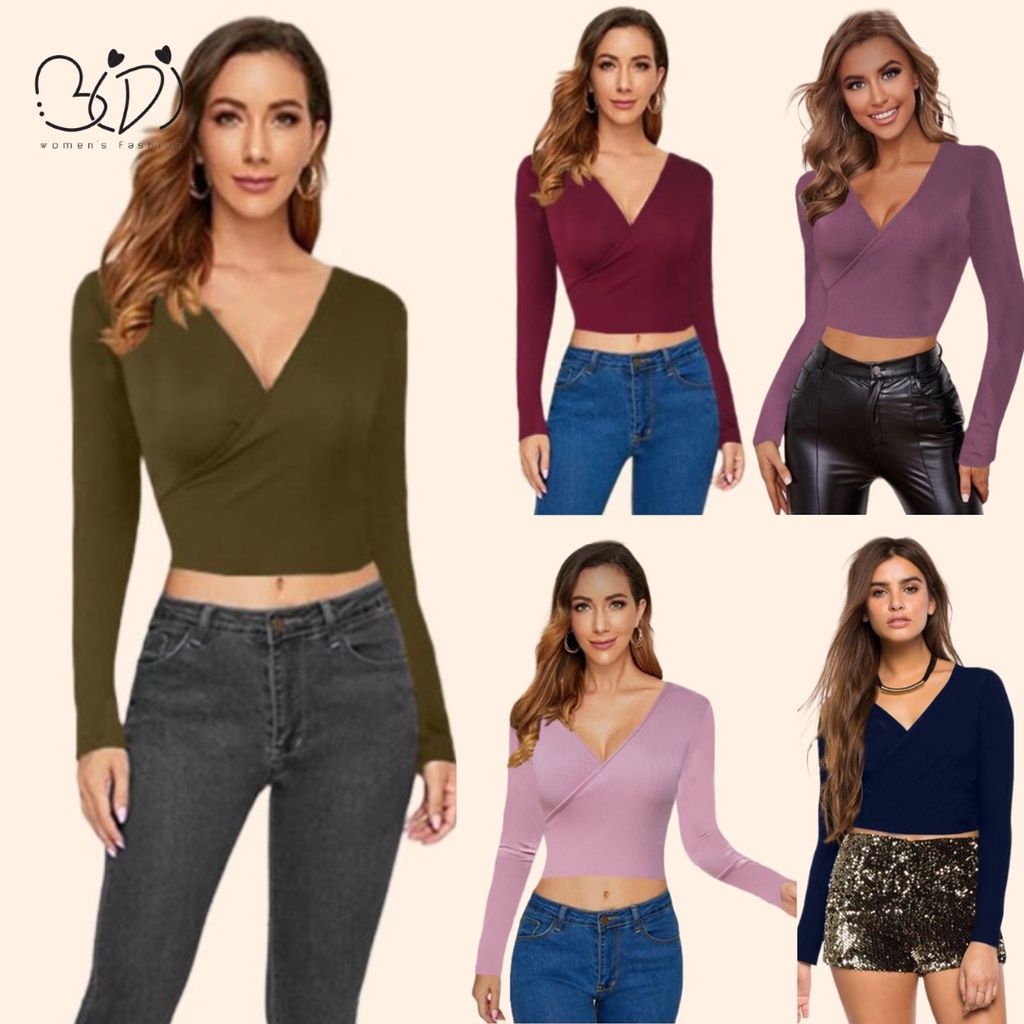 Jual BIDI Crop Top Lengan Panjang V-Neck Dior Knit Atasan Casual Motif Polos Basic Korean ...