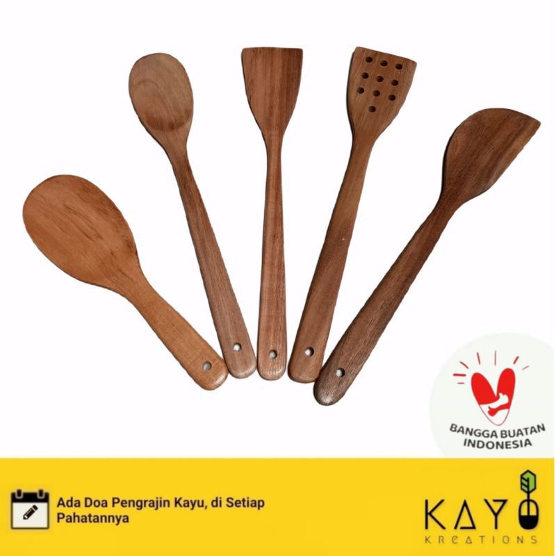 Jual Sutil Solet Spatula Sendok Sayur Centong Kayu 1 Set Isi 5 Kayu ...