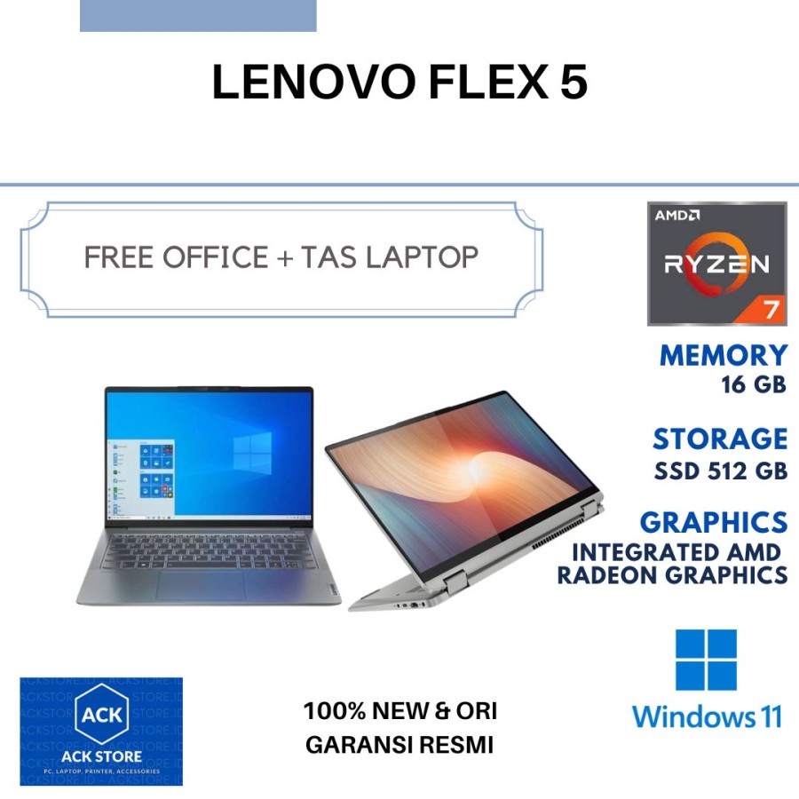 Jual Lenovo Flex 5 1LID 1MID R7-5700U 16GB SSD 512GB W11 OHS UMA ...