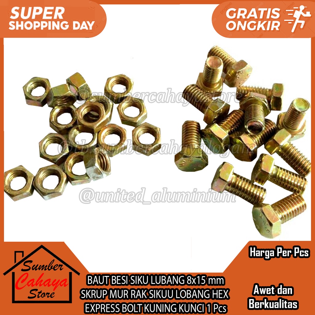 Jual BAUT BESI SIKU LUBANG 8x15 mm PER 1 PCS SKRUP MOR MUR RAK PLAT PELAT SIKUU LOBANG HEX ...