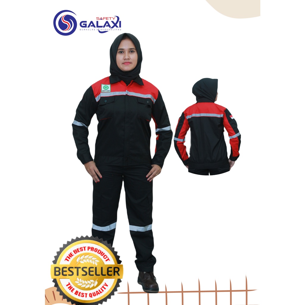 Jual SETELAN Baju Proyek Safety warna Atasan HITAM kobinasi MERAH ...