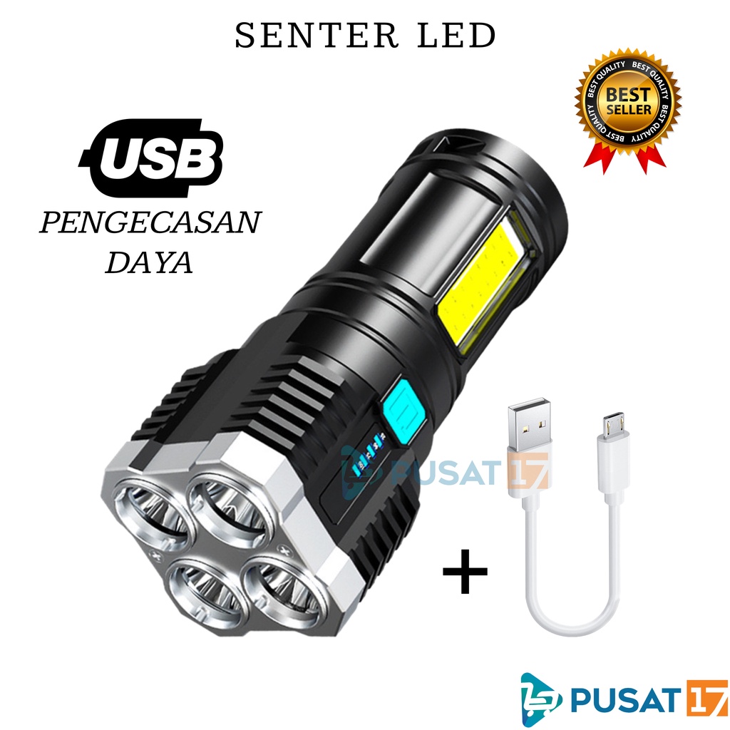 Jual PUSAT17 SENTER LED 4 MATA SUPER TERANG / SENTER LED RECHARGEABLE CAS ULANG / SENTER CAS LED ...