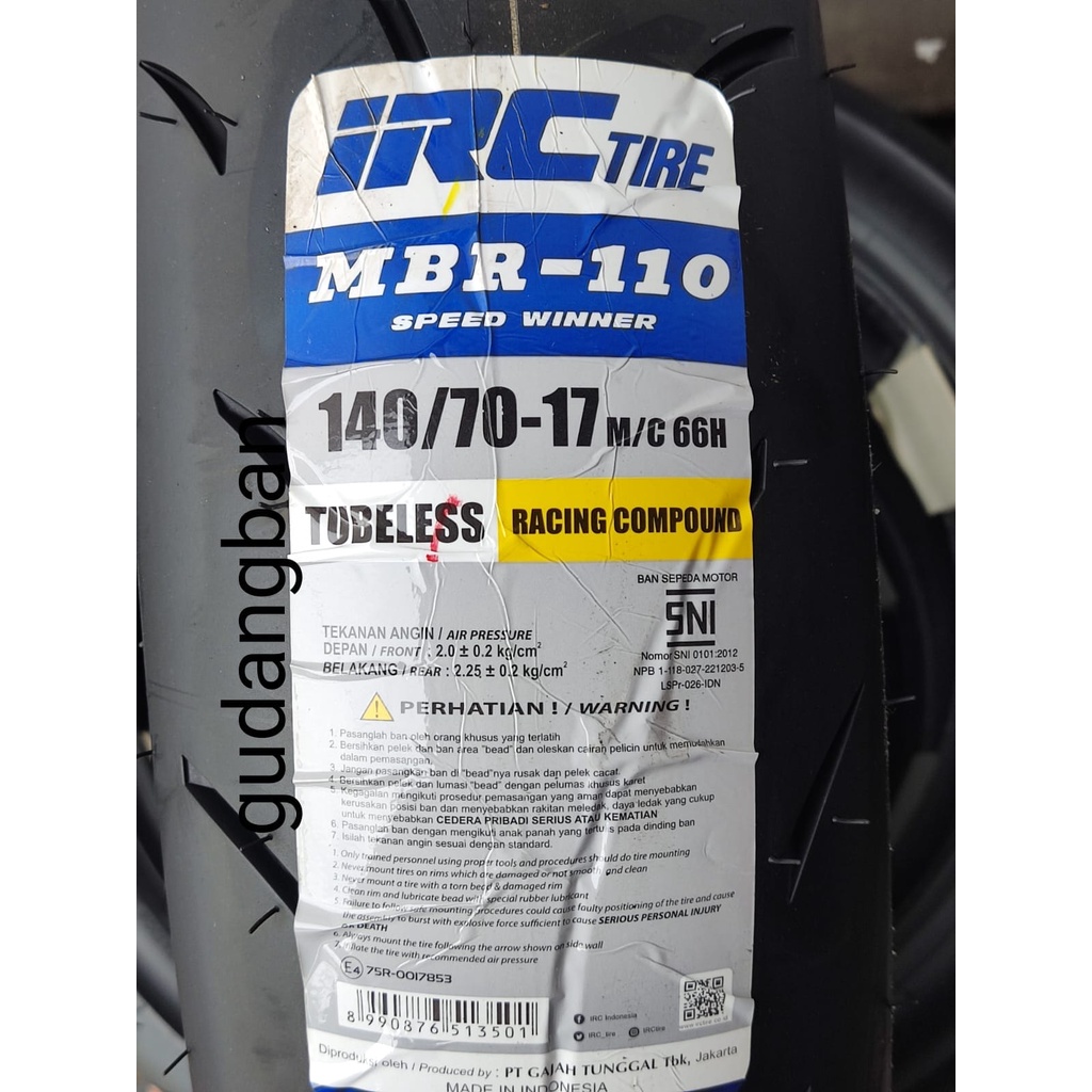 Jual IRC MBR110 140 70 17 Speed Winner Soft Compound Ban Motor Tubeless ...